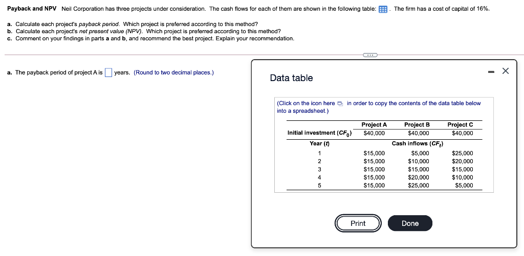 Solved Payback and NPV Neil Corporation has three projects | Chegg.com