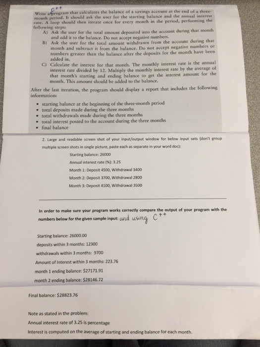 Solved Write a program that calculates the balance of a | Chegg.com
