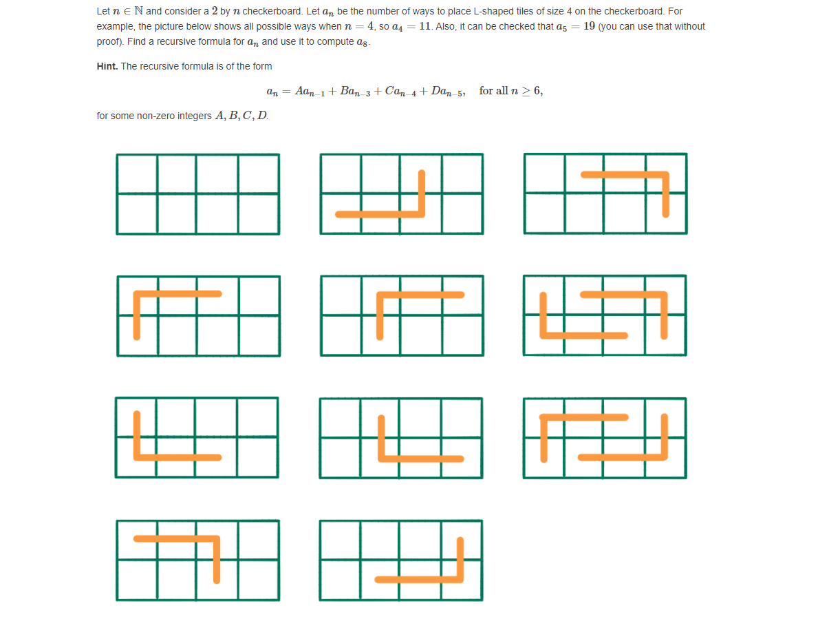 Solved Let ne N and consider a 2 by n checkerboard. Let an | Chegg.com