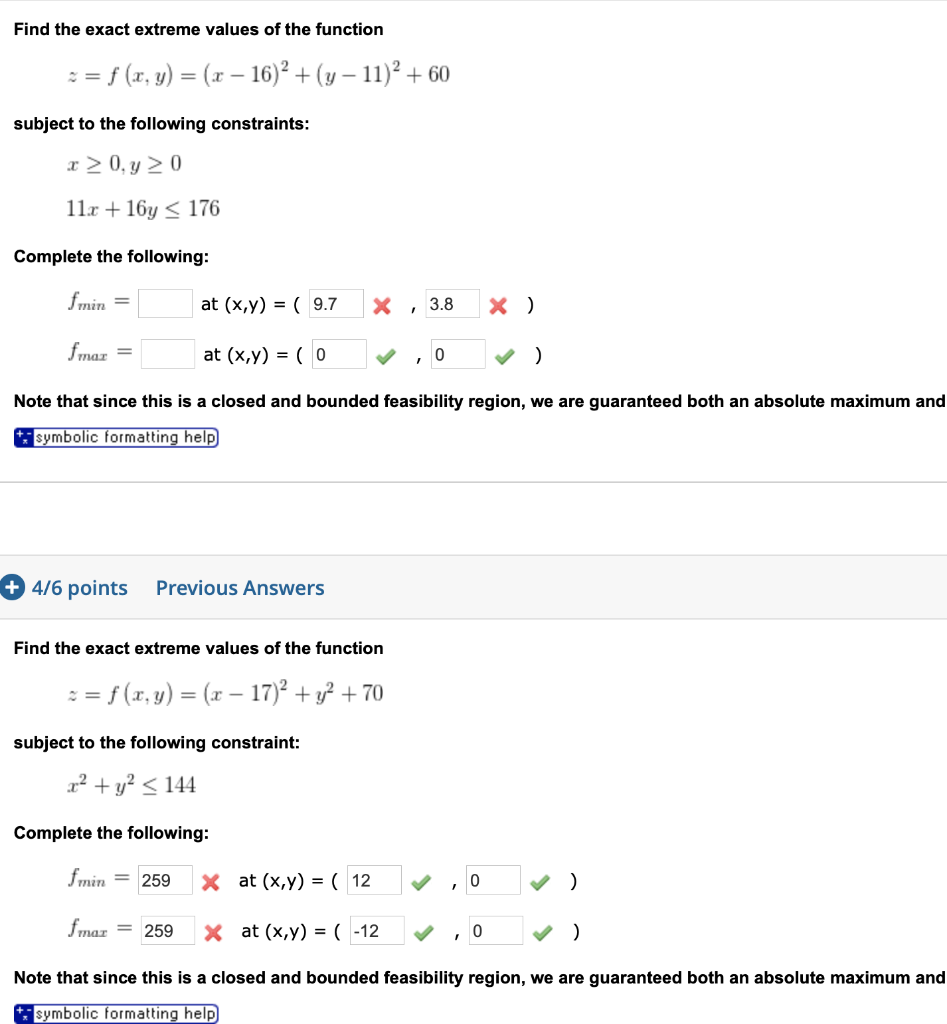 Solved Find the exact extreme values of the function = f (x, | Chegg.com