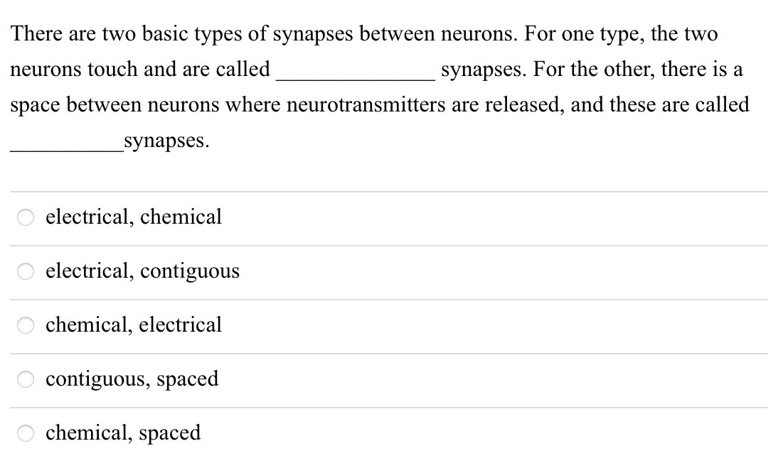 Solved There are two basic types of synapses between | Chegg.com