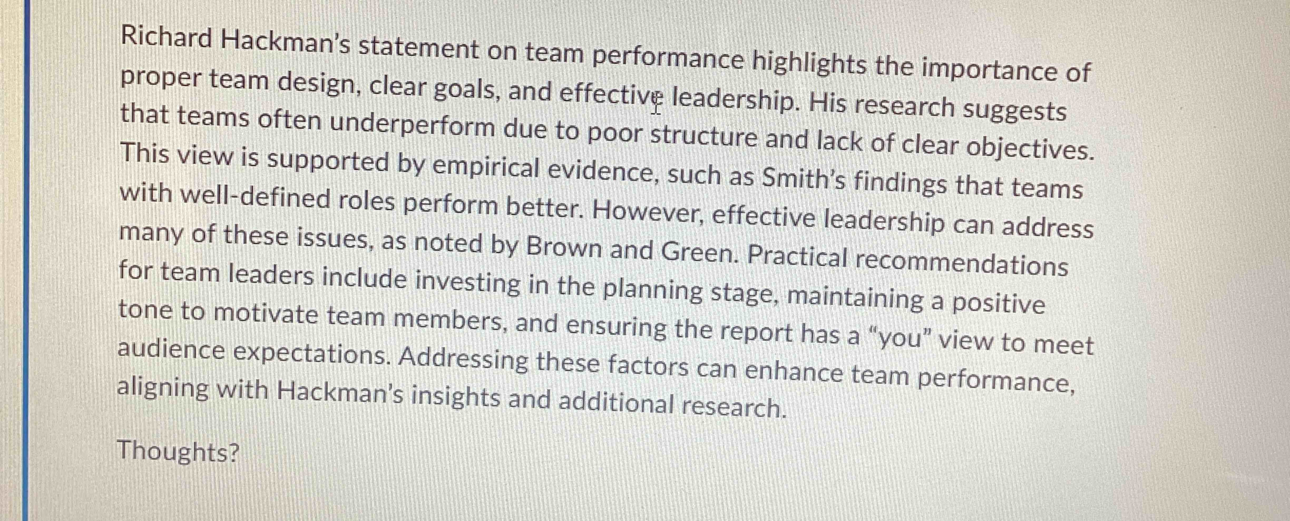 Solved Richard Hackman's statement on team performance | Chegg.com