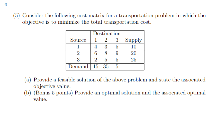 Solved (5) ﻿Consider the following cost matrix for a | Chegg.com