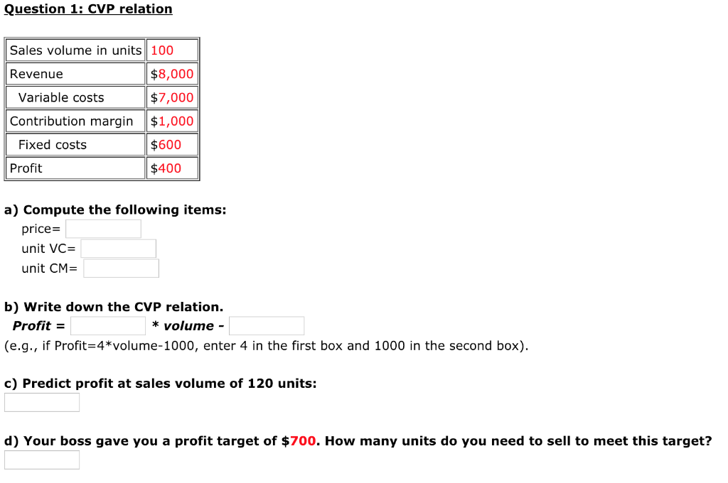 Solved Question 1: CVP relation Sales volume in units 100 | Chegg.com