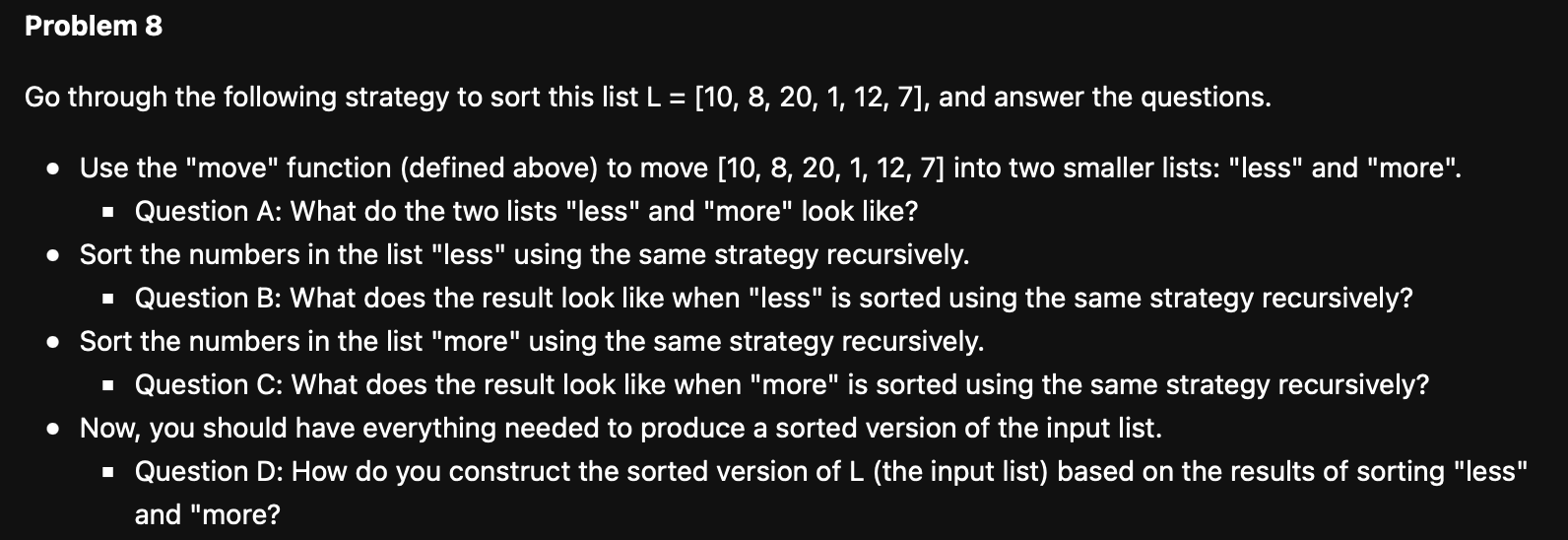 Solved Go through the following strategy to sort this list | Chegg.com