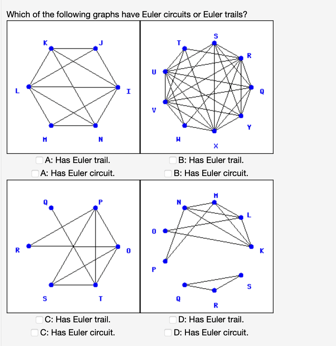 Solved A: Has Euler circuit.B: Has Euler circuit.ᄂ: Has | Chegg.com