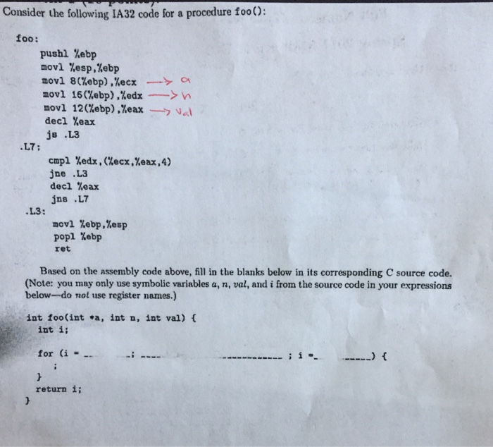 Solved Consider the following IA32 code for a procedure | Chegg.com