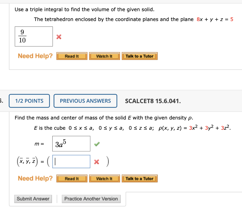 Solved Use A Triple Integral To Find The Volume Of The Given