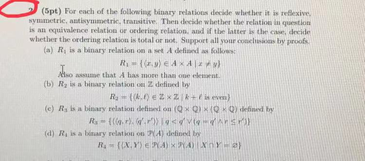 Solved (5pt) For each of the following binary relations | Chegg.com