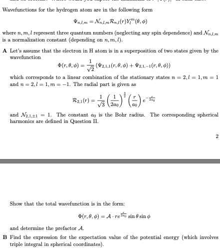 Solved Wavefunctions for the hydrogen atom are in the | Chegg.com
