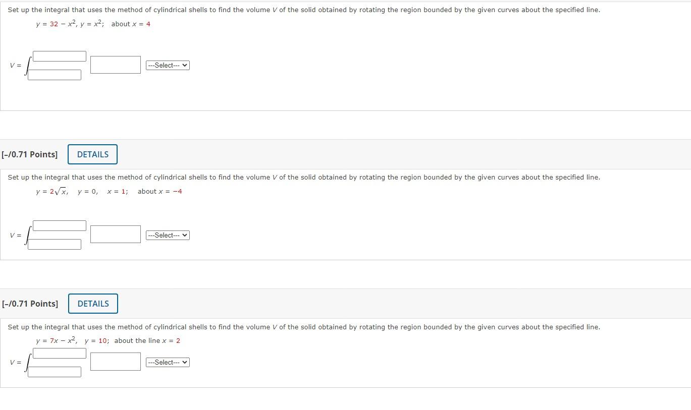 Solved Set up the integral that uses the method of | Chegg.com