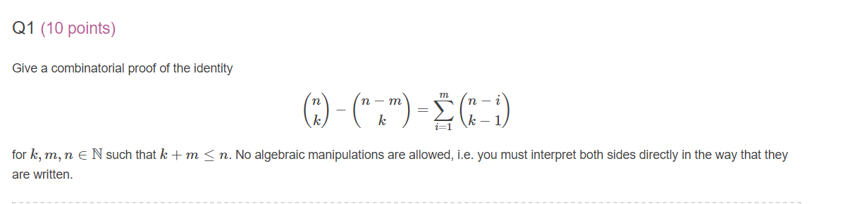 Solved Q1 (10 points) Give a combinatorial proof of the | Chegg.com
