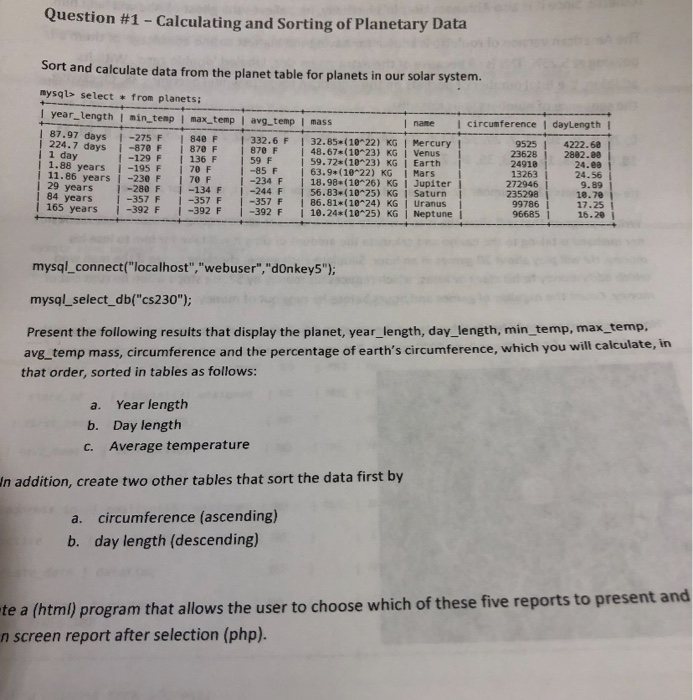 Question #1-Calculating and Sorting of Planetary Data | Chegg.com