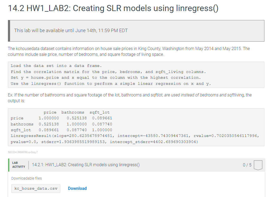 Solved 14.2 ﻿HW1_LAB2: Creating SLR models using | Chegg.com