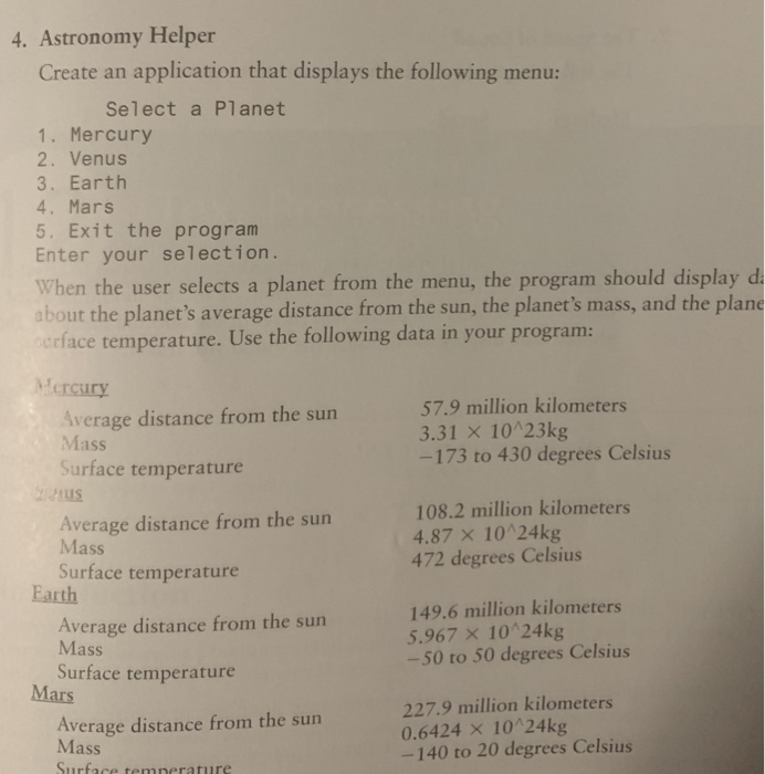 Solved 4. Astronomy Helper Create an application that | Chegg.com