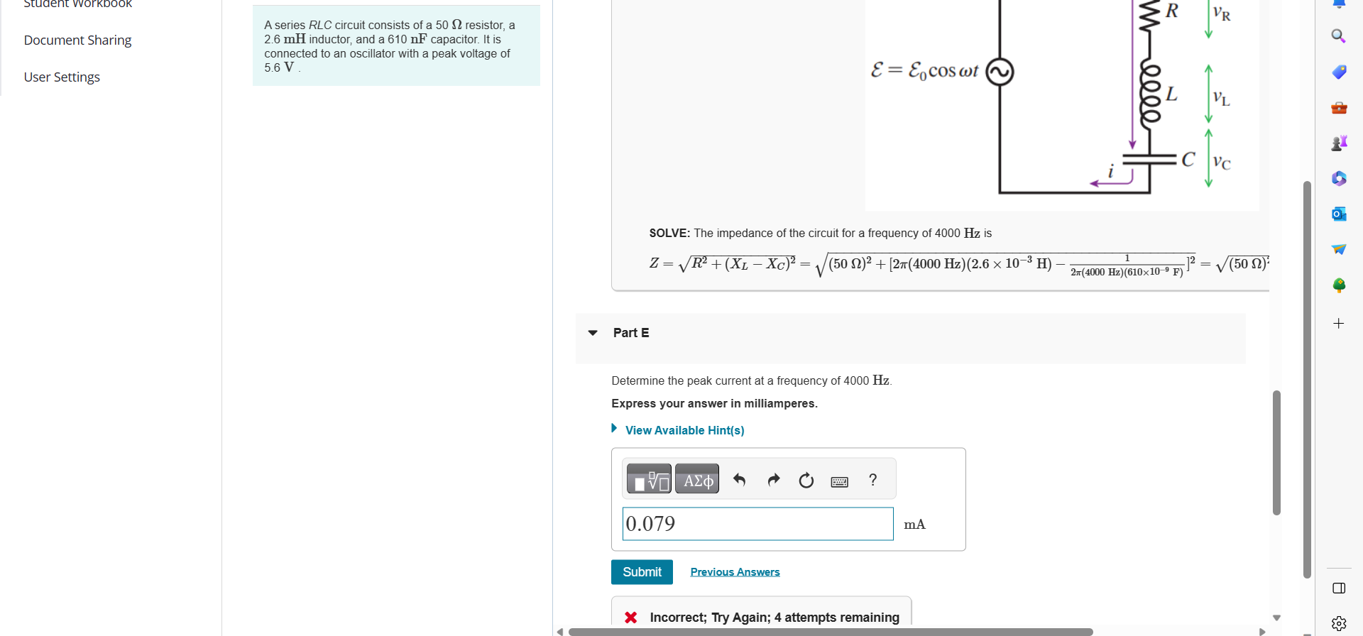 Solved Document Sharing User Settings A series RLC circuit | Chegg.com