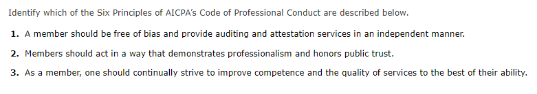 Solved Identify which of the Six Principles of AICPA's Code | Chegg.com