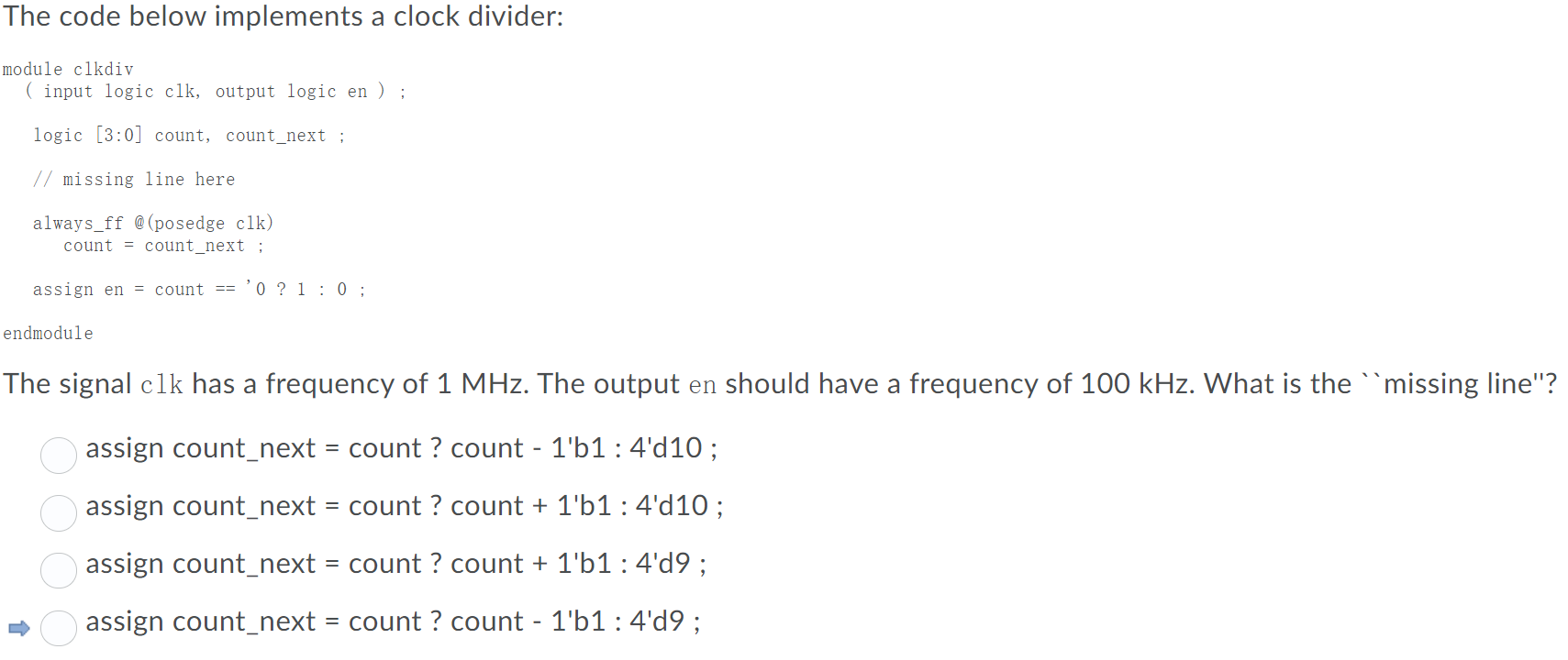 Solved The code below implements a clock divider: module | Chegg.com