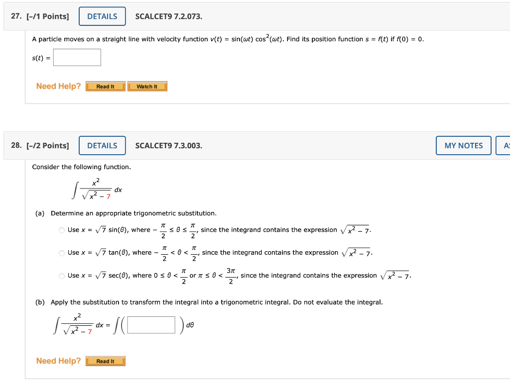 Solved [-/1 Points] SCALCET9 7.2.073. A particle moves on a | Chegg.com