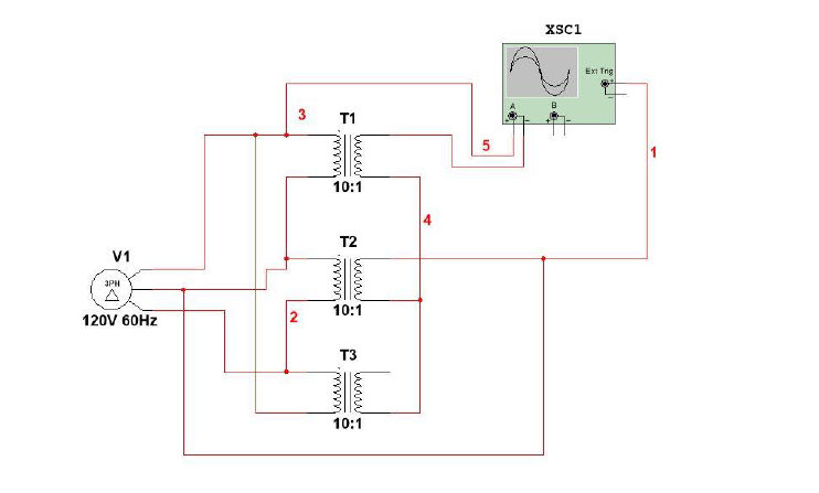 Solved XSC1 Ex: Ing 3 3 T1 VVVU WWW 10:1 T2 V1 3PH 10:1 120V | Chegg.com