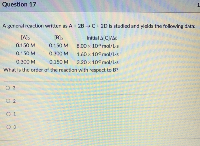 Solved Question 17 A general reaction written as A + 2B → C | Chegg.com