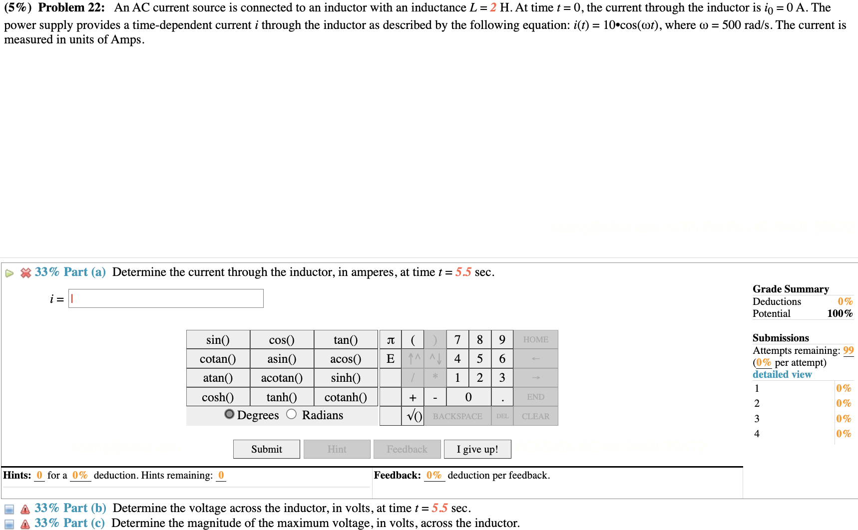 Solved (5\%) Problem 22: An AC current source is connected | Chegg.com