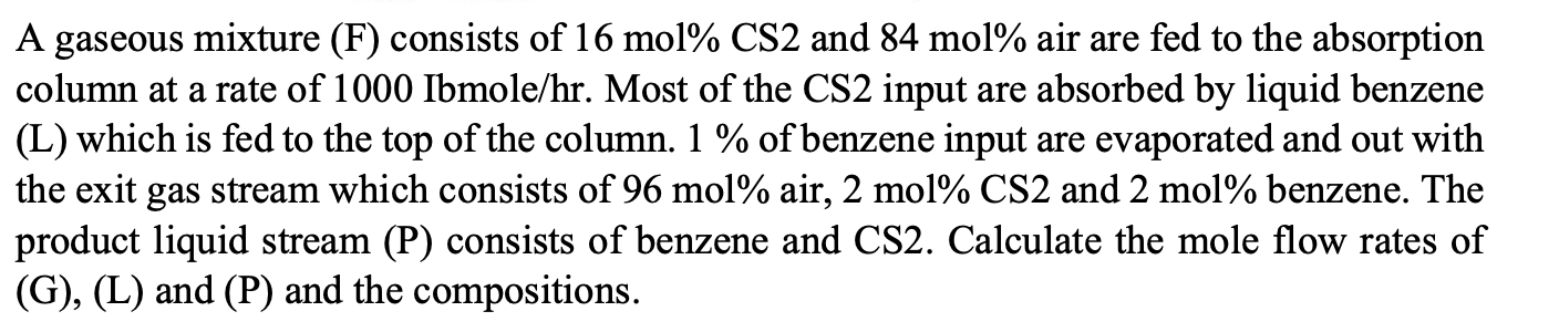 Solved A gaseous mixture (F) consists of 16 mol% CS2 and 84 | Chegg.com