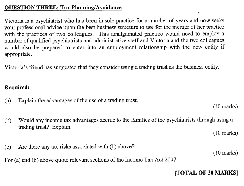 Solved QUESTION THREE: Tax Planning/Avoidance Victoria is a | Chegg.com