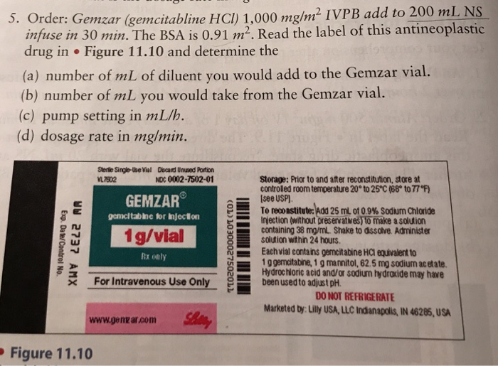 Solved 5. Order: Gemzar (g emcitabline HCl) 1,000 mgim2 IVPB | Chegg.com