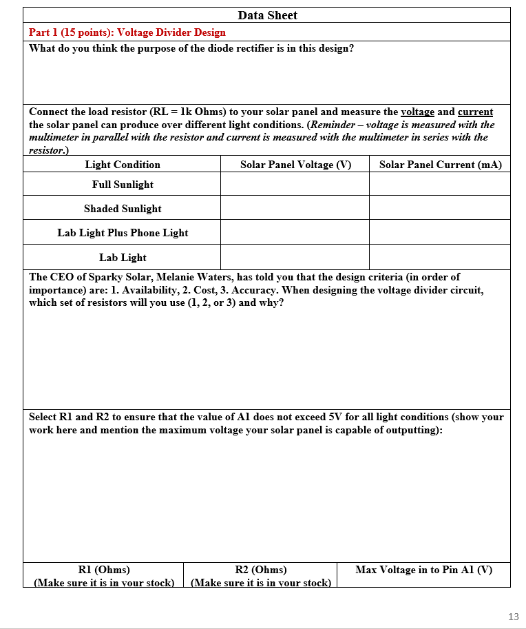 Solved Data Sheet Part 1 (15 points): Voltage Divider Design | Chegg.com