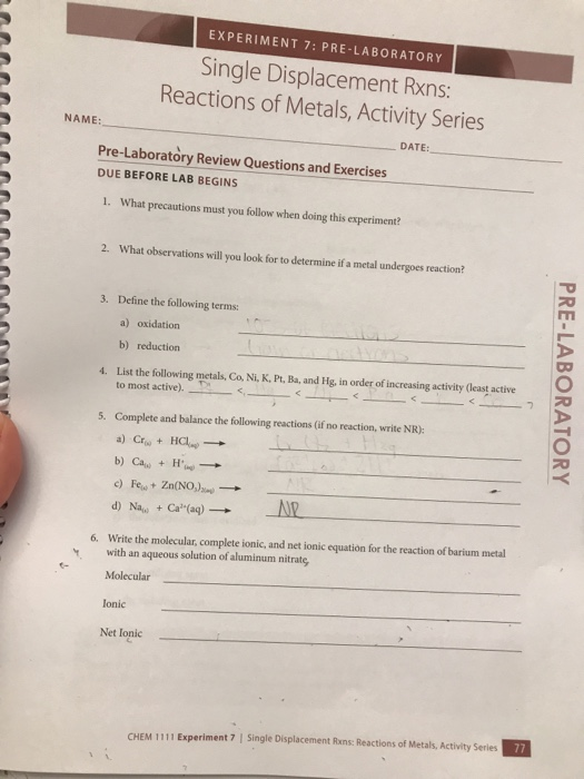 Solved EXPERIMENT 7: PRE-LABORATORY Single Displacement Rxns | Chegg.com