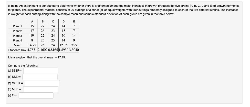 Solved (1 point) An experiment is conducted to determine | Chegg.com