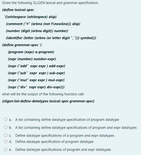 Solved Given the following SLLGEN lexical and grammar | Chegg.com