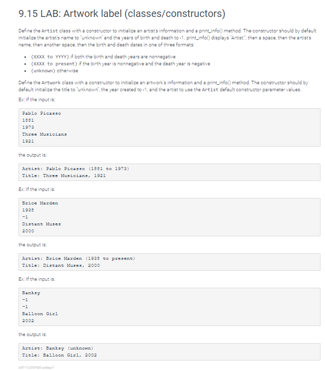 Solved 9.15 LAB: Artwork label (classes/constructors) Define | Chegg.com