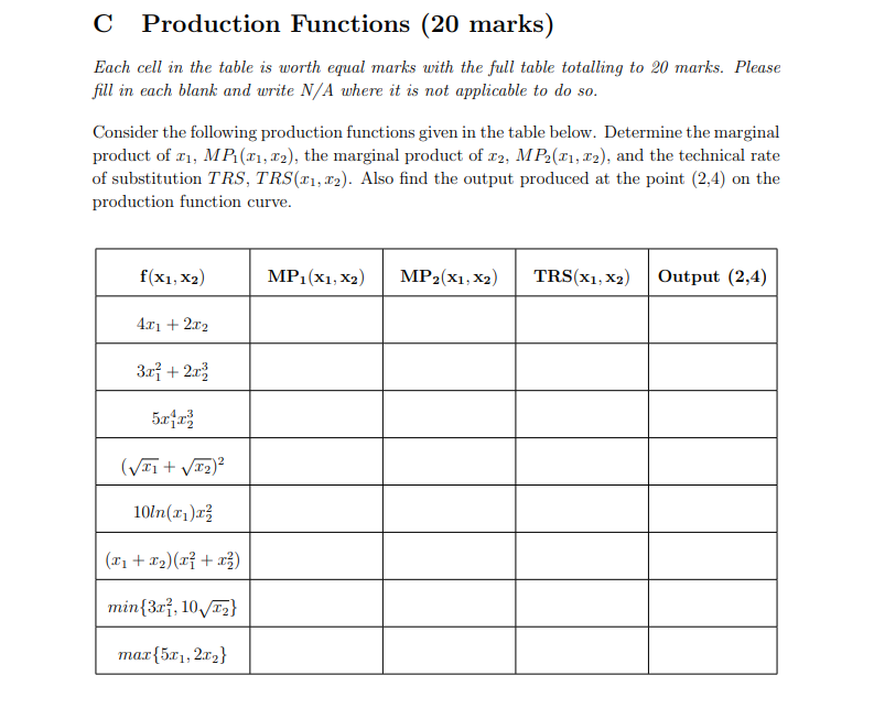 Solved C Production Functions (20 marks) Each cell in the | Chegg.com