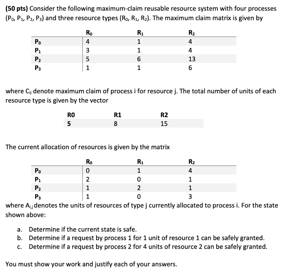 Solved (50 pts) Consider the following maximum-claim | Chegg.com