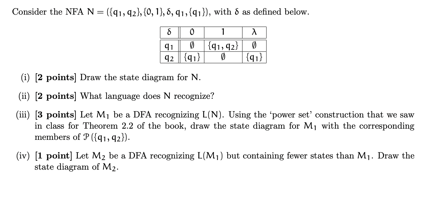 Solved Consider the NFA N=({q1,q2},{0,1},δ,q1,{q1}), with δ | Chegg.com