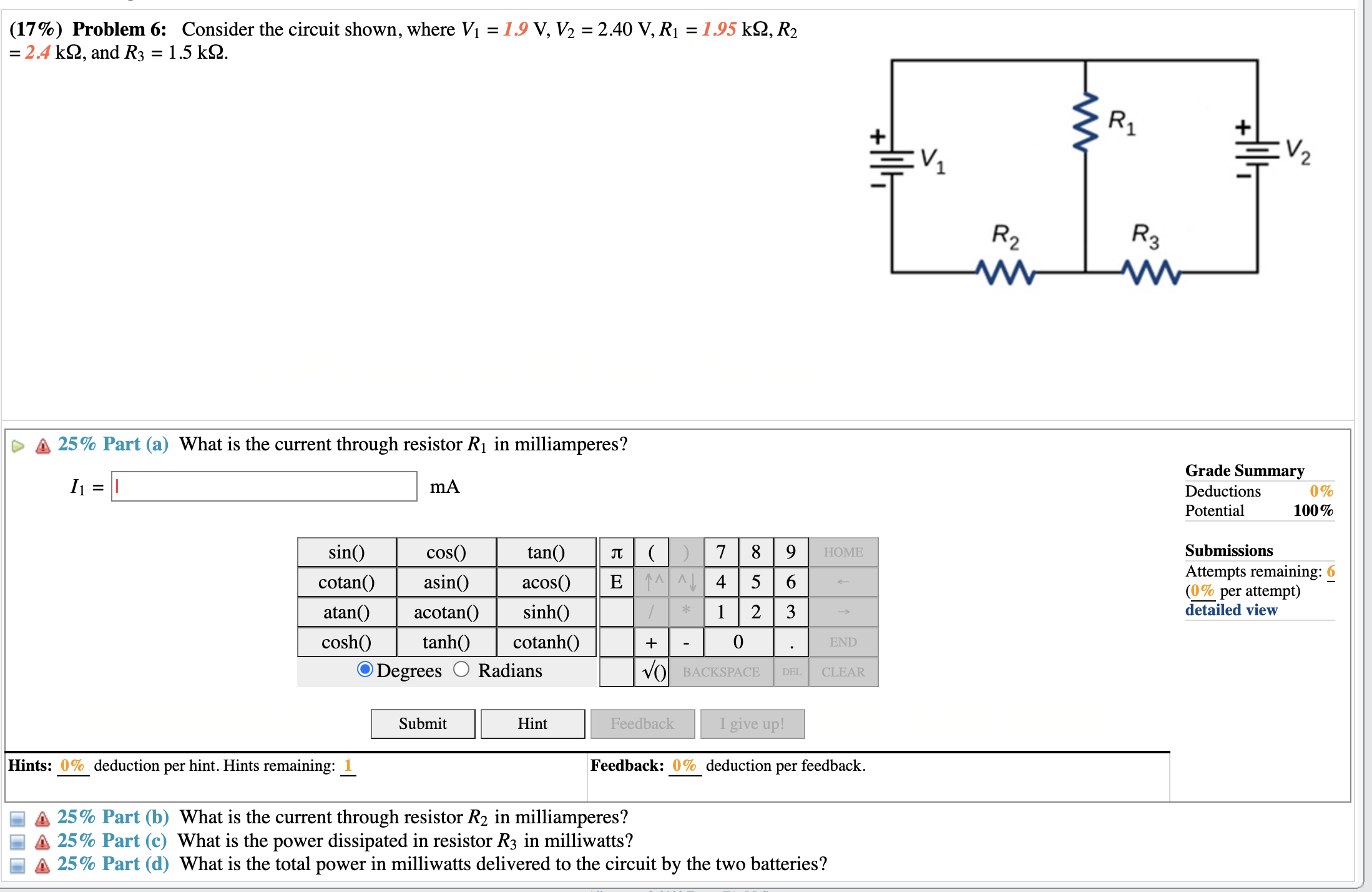 Solved (17\%) Problem 6: Consider the circuit shown, where | Chegg.com