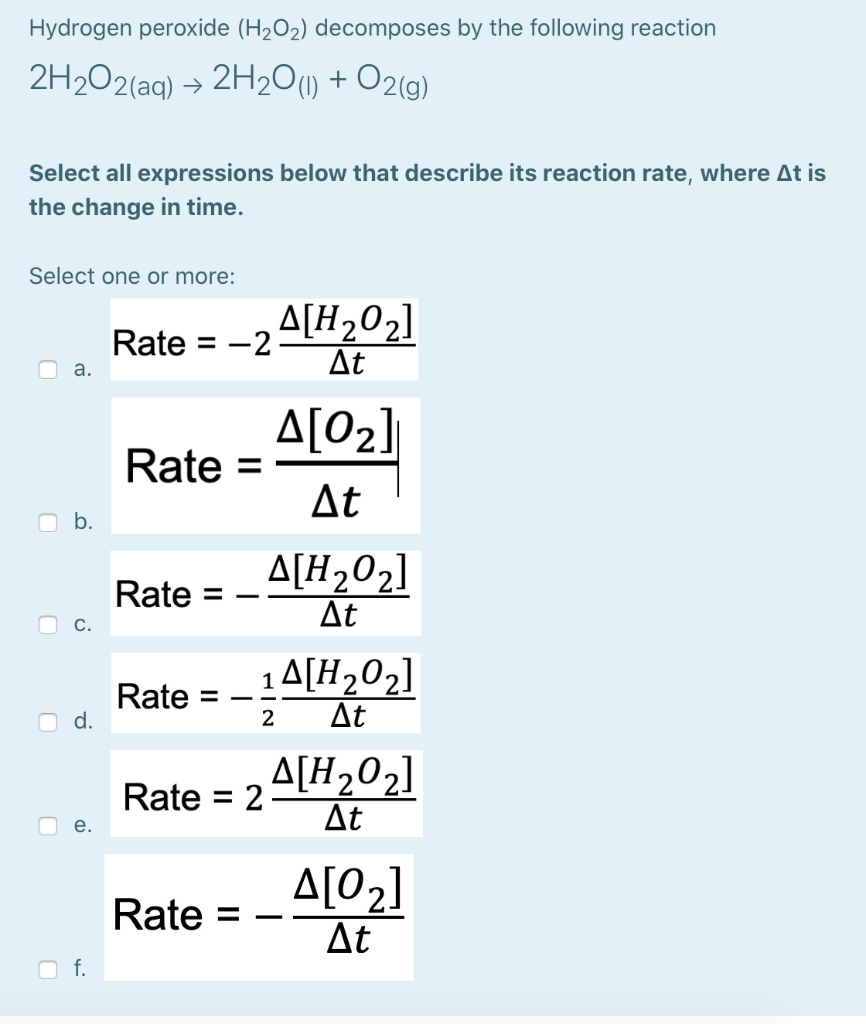 Solved Hydrogen peroxide (H2O2) decomposes by the following | Chegg.com