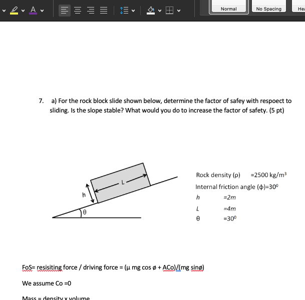 Solved 2A E Tv Normal No Spacing He: 7. a) For the rock | Chegg.com
