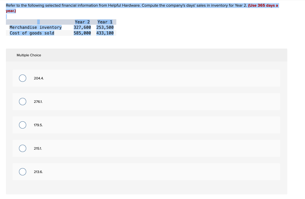 Solved Refer to the following selected financial information | Chegg.com