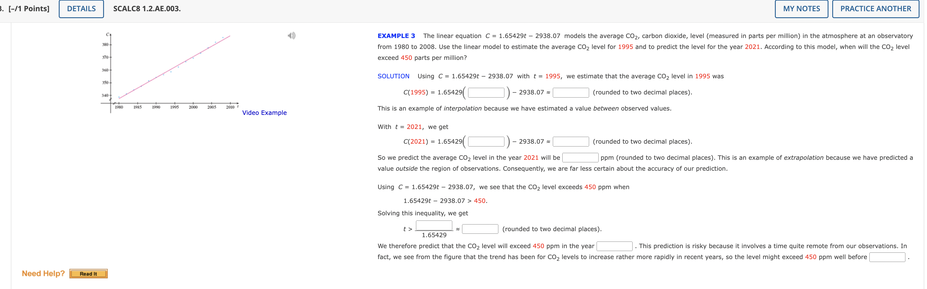 Solved EXAMPLE 3 The linear equation C=1.65429t−2938.07 | Chegg.com