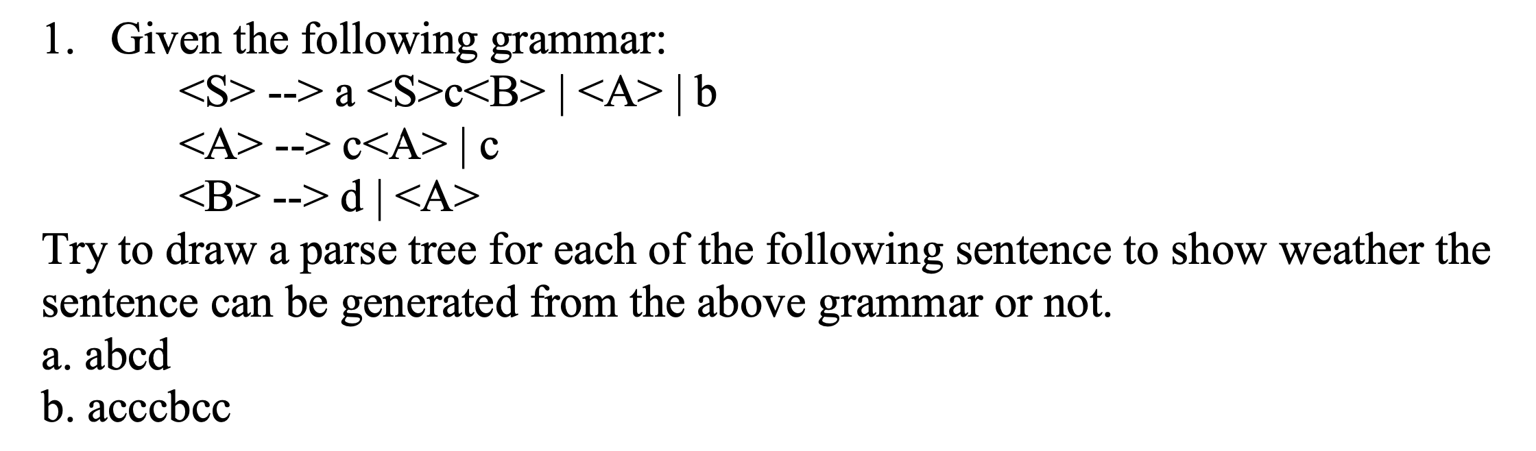 Solved 1. Given the following grammar: --> a c | | Chegg.com