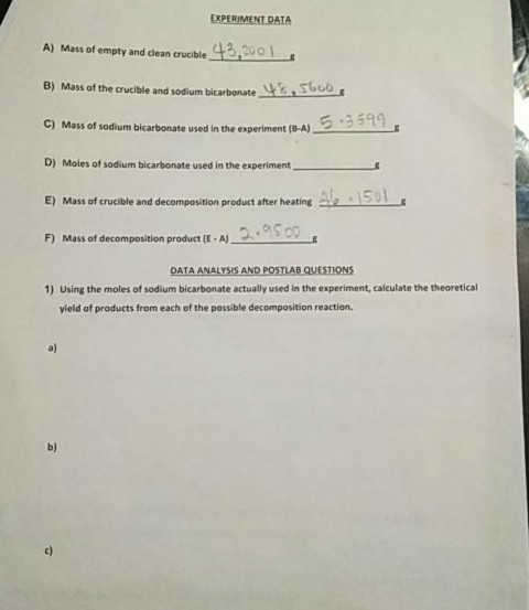 Solved EXPERIMENT DATA A) Mass of empty and clean crucible | Chegg.com