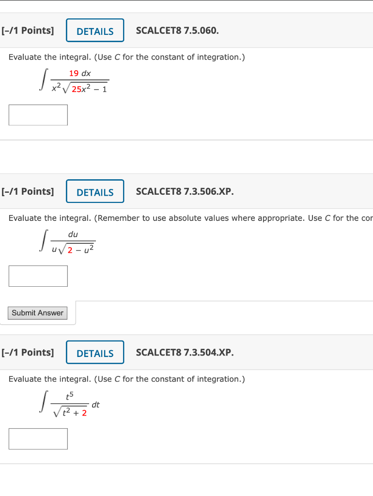 Solved [-/1 Points] DETAILS SCALCET8 7.5.060. Evaluate the | Chegg.com