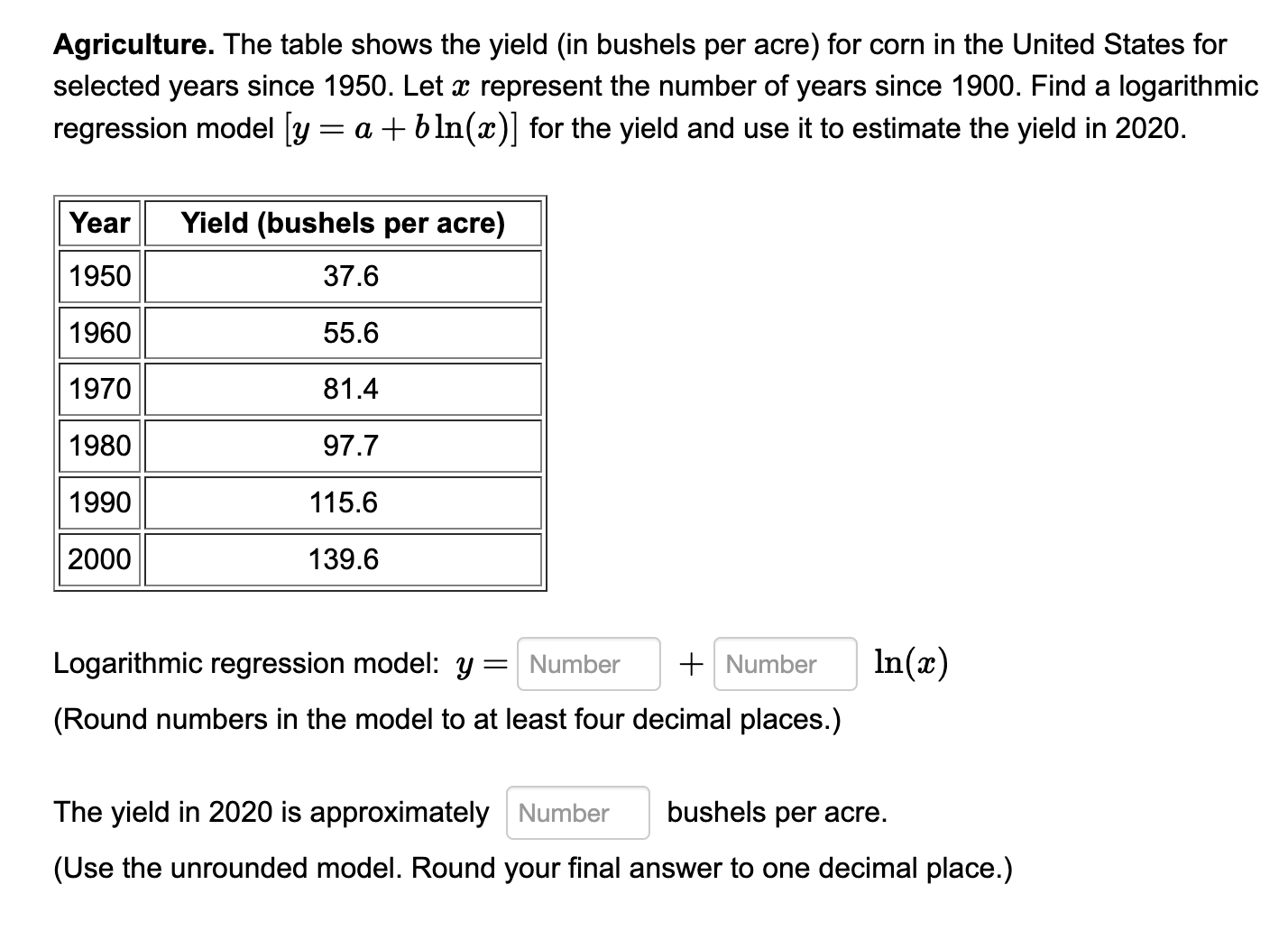 Solved Agriculture. The table shows the yield (in bushels | Chegg.com