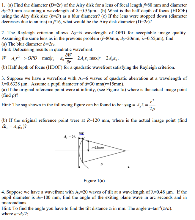 Solved (a) ﻿Find the diameter (D=2r) ﻿of the Airy disk for a | Chegg.com