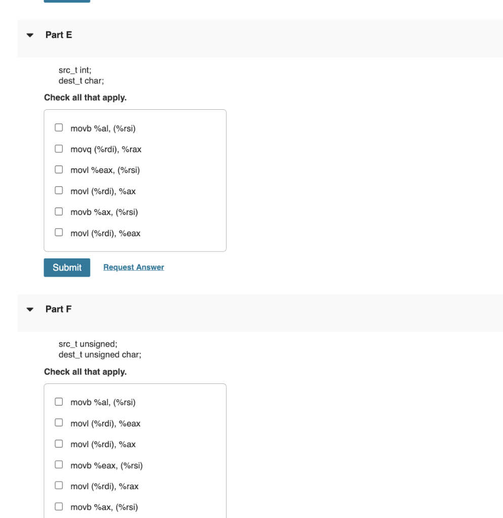 Solved Part E src_t int; dest_t char; Check all that apply. | Chegg.com
