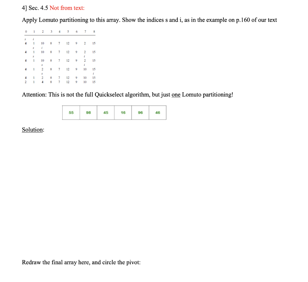 Solved 4] Sec. 4.5 Not from text: Apply Lomuto partitioning | Chegg.com