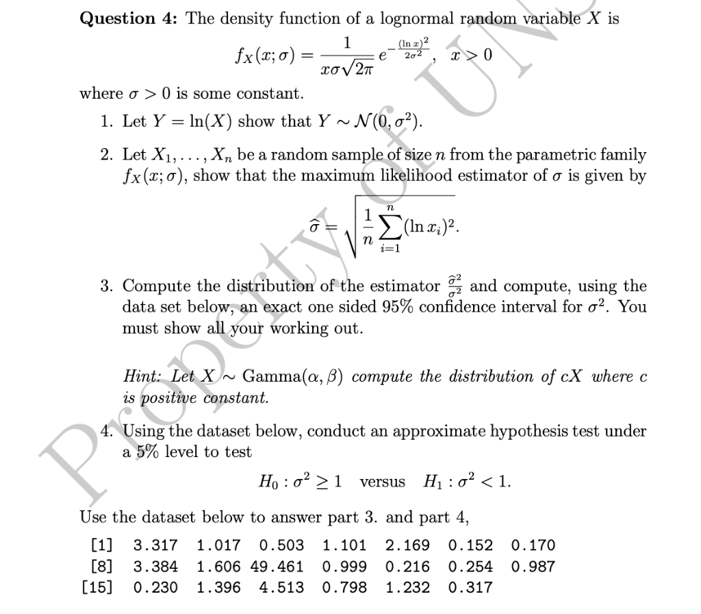 Solved Question 4: The density function of a lognormal | Chegg.com